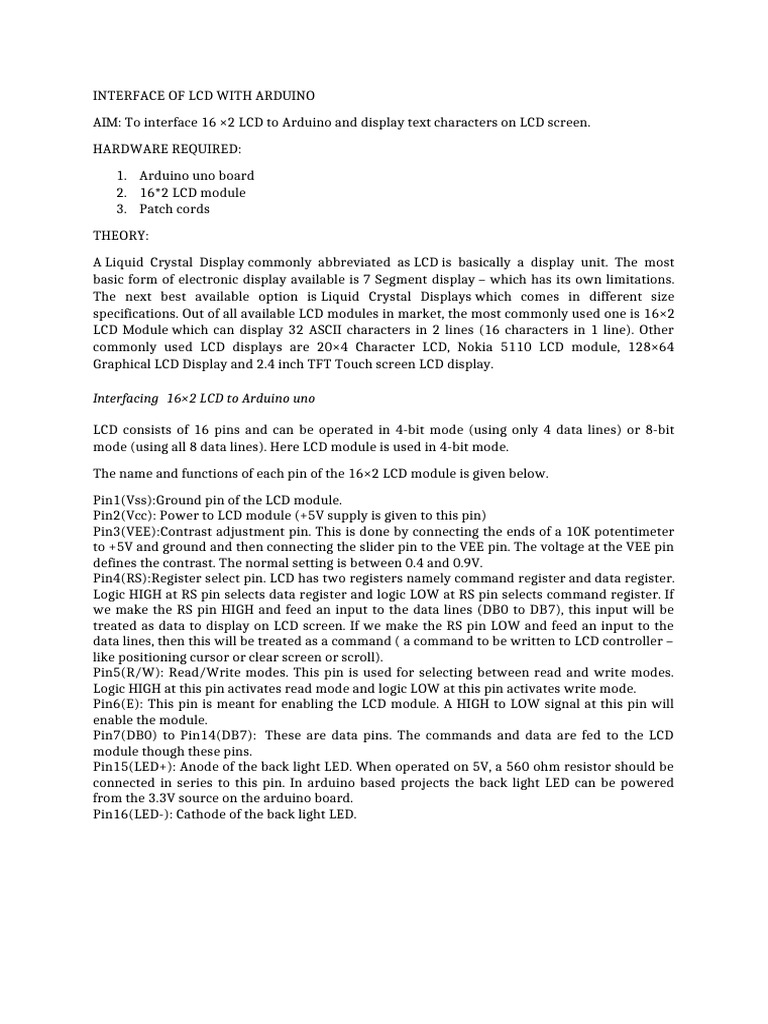 Interface Of Lcd With Arduino Pdf Liquid Crystal Display Arduino