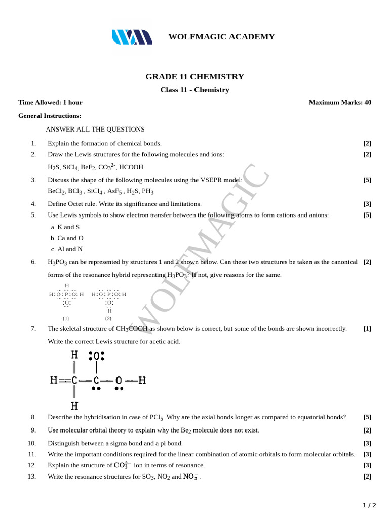 Grade 11 Chemistry Exam Paper | PDF | Chemical Bond | Molecules