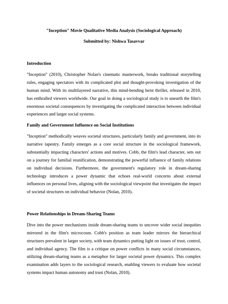 Inception Film Media Analysis by Nishwa Tasavvar | PDF | Sociology | Narrative
