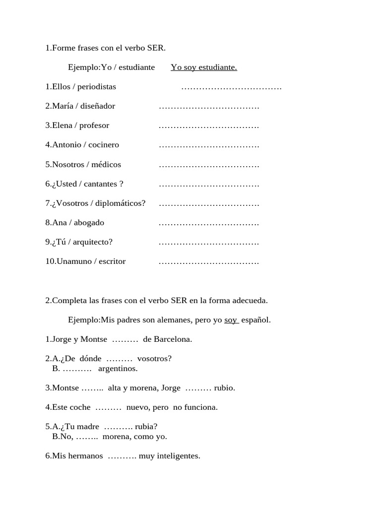 Ejercicios del Verbo SER en Español | PDF