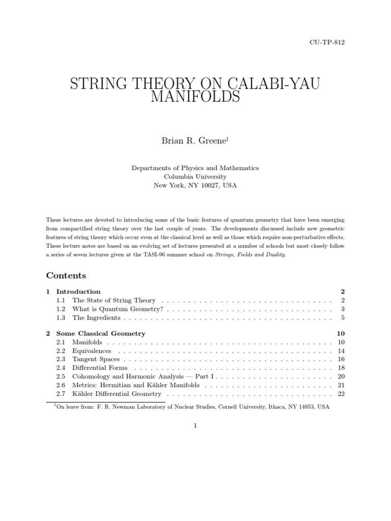 Brian R. Greene - String Theory On Calabi-Yau Manifolds | PDF | String ...
