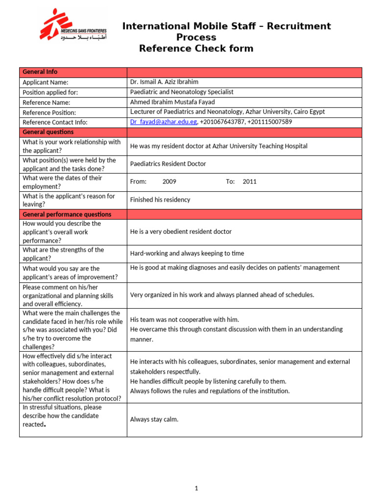 Reference Check Form - FHR | PDF | Recruitment | Residency (Medicine)