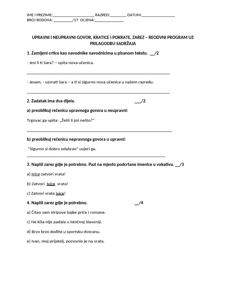 Upravni I Neupravni Govor, Kratice I Pokrate, Zarez 7. Razred ...