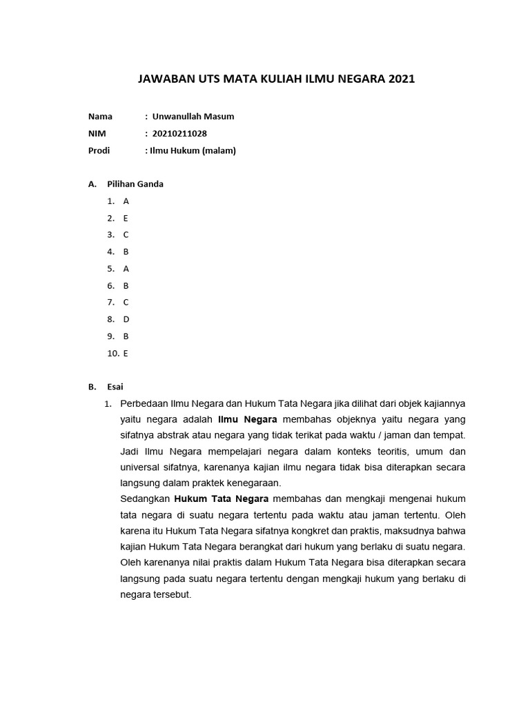 Jawaban Uts Mata Kuliah Ilmu Negara 2021 | PDF
