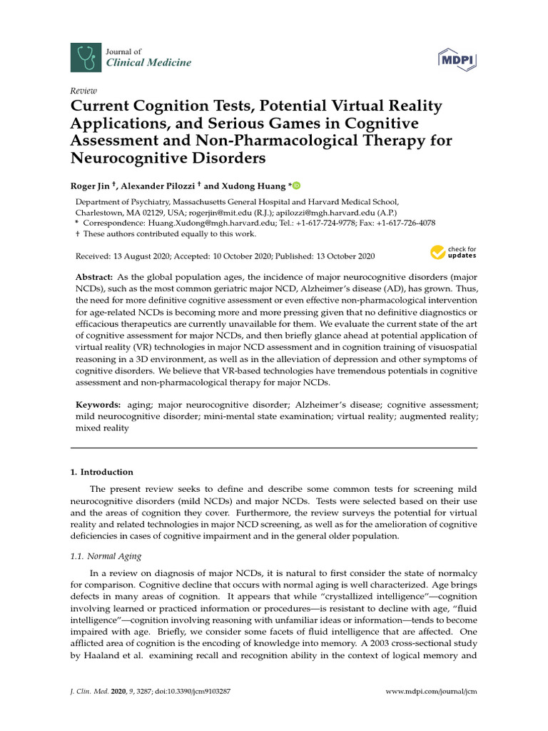 Current Cognition Tests Potential Virtual Reality Pdf Cognitive Science Mental Processes