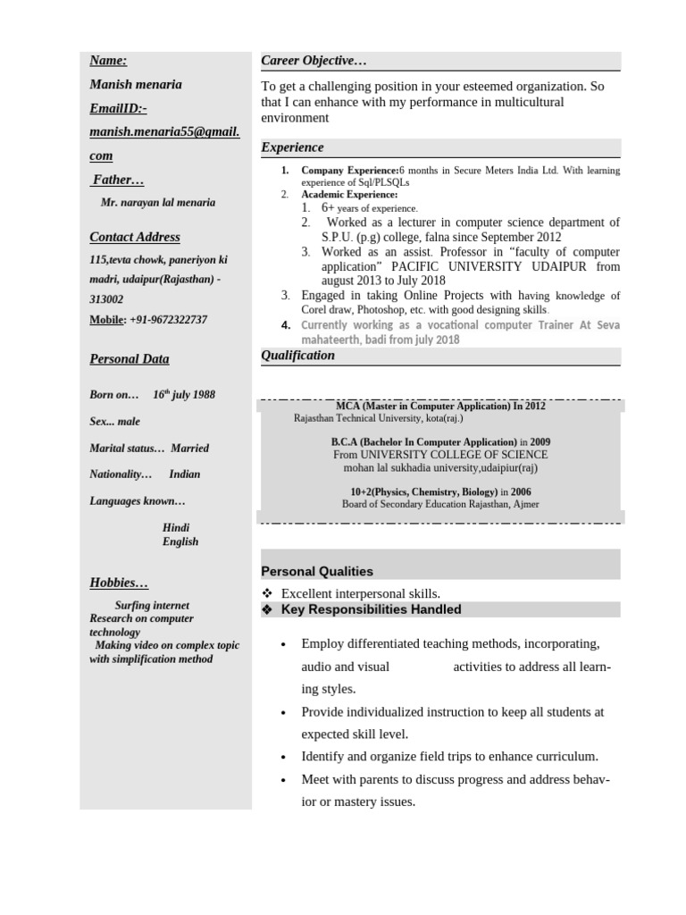 Manish Menaria Resume (1) - 1 | PDF | Cognition | Learning