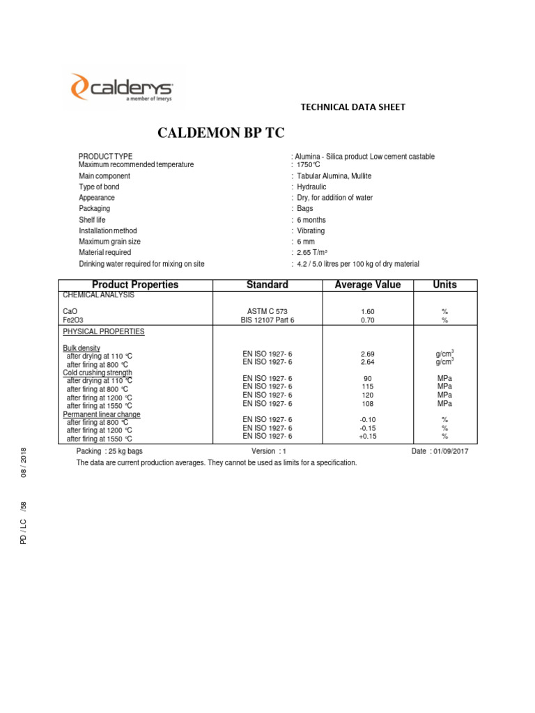 TDS CALDEMON BP TC | PDF | Refractory | Secondary Sector Of The Economy