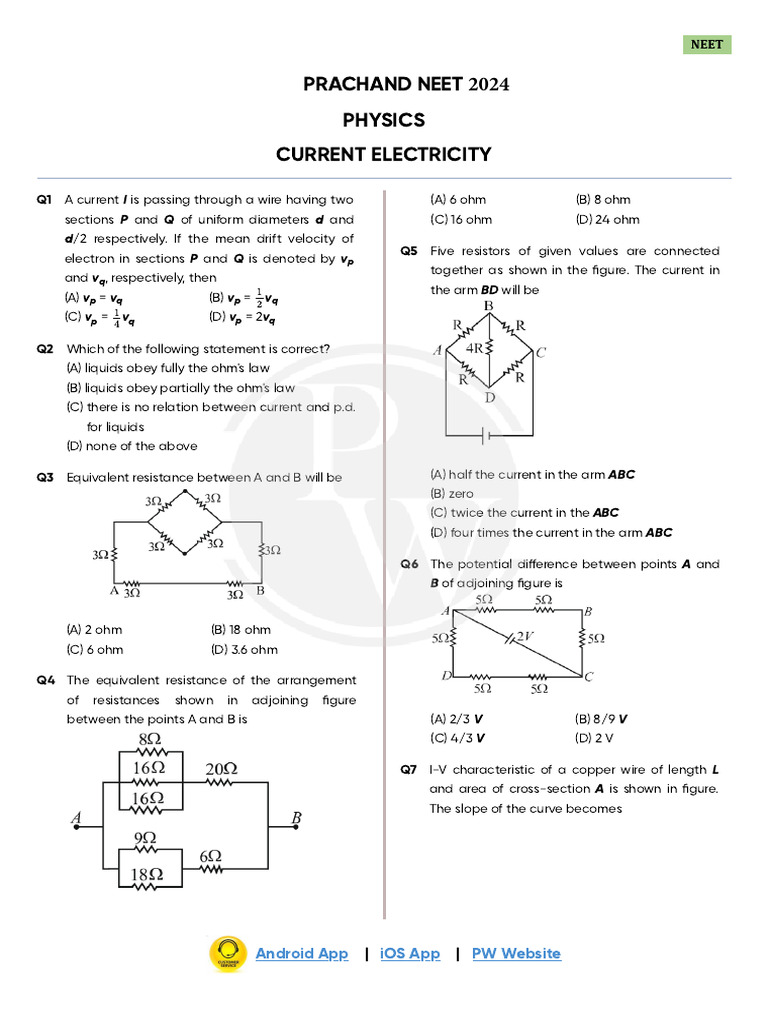 Current Electricity - Practice Sheet - Prachand NEET 2024 | PDF | Electrical Resistance And ...