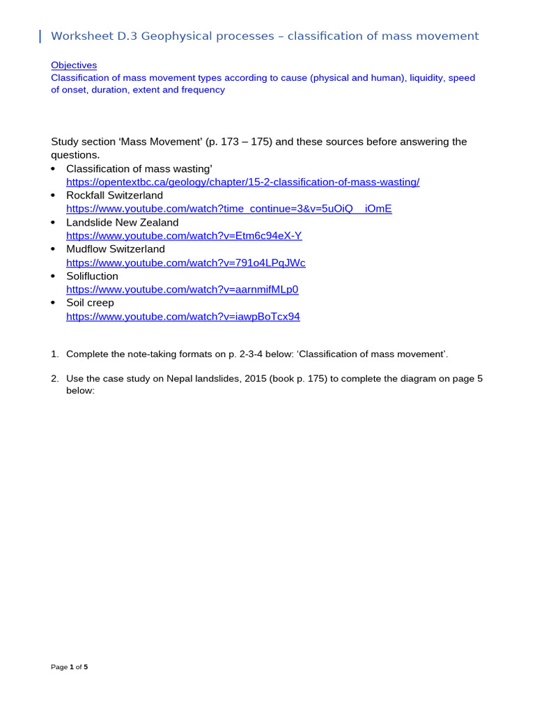 Mass Movement Classification Worksheet | PDF | Landslide ...
