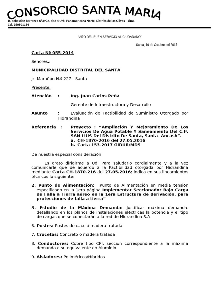 CARTA N°055-2017-CSM-RL(RESPUESTA A PUNTO DE ALIM) | PDF | Electricidad | Ingenieria Eléctrica