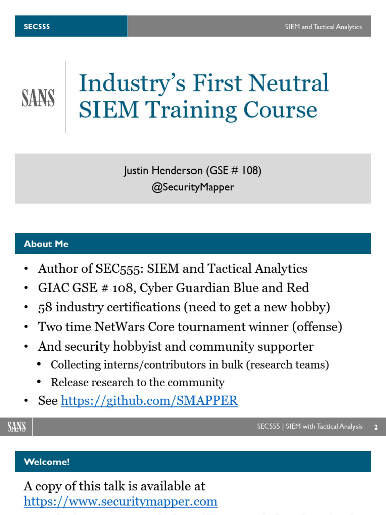 Sec555 Neutral Siem Course | PDF | Security Engineering | Information Age