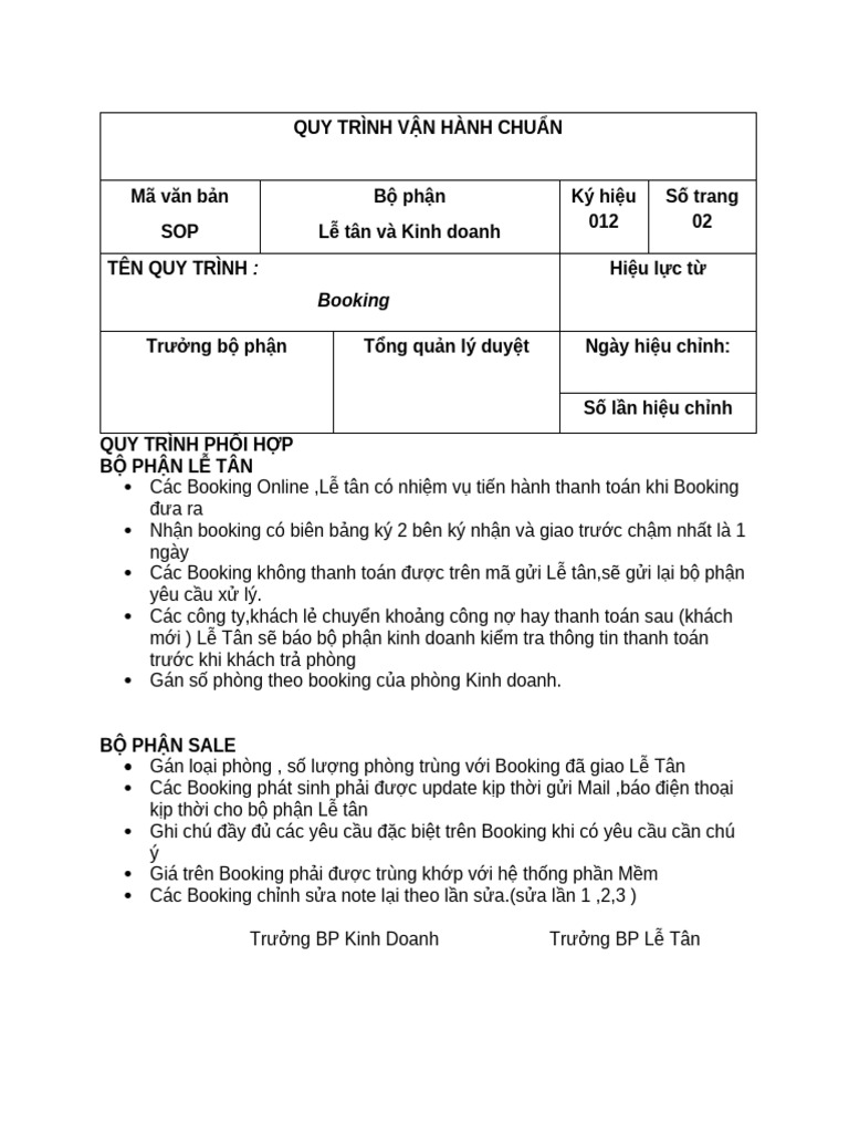 SOP 012 Quy trình Lễ tân và Kinh doanh | PDF