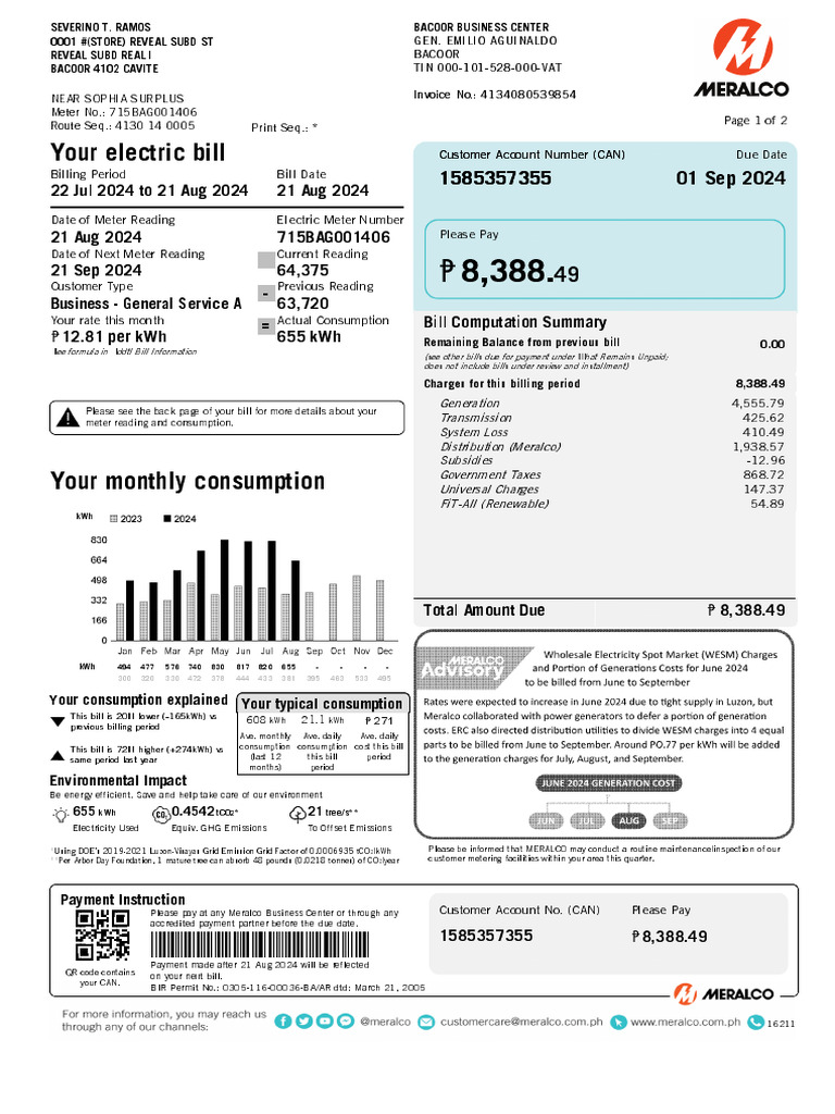 Meralco Mugen Main Warehouse Bacoor - 08-21-2024 | PDF | Taxes | Power (Physics)