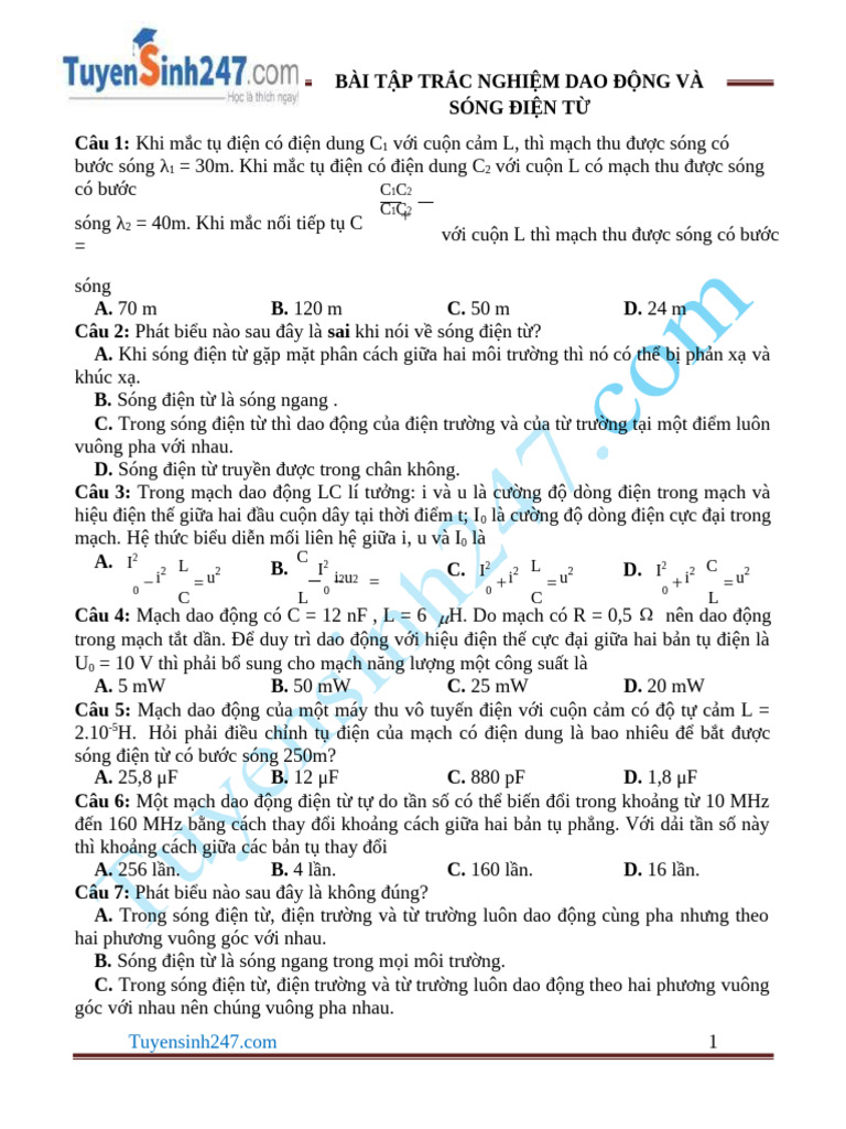 Bai Tap Trac Nghiem Dao Dong Va Song Dien Tu | PDF