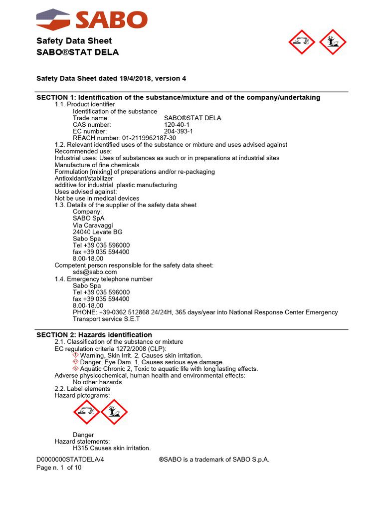 MSDS - STAT DELA (April 2018) | PDF | Dangerous Goods | Safety