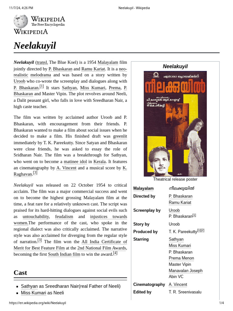 Neelakuyil - Wikipedia | PDF