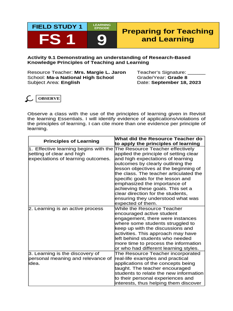 Episode 9 - Preparing For Teaching and Learning | PDF | Learning ...