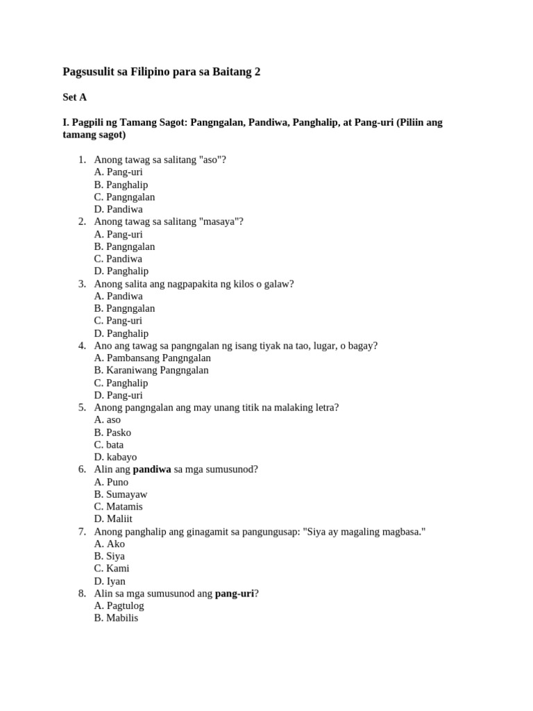 Pagsusulit Sa Filipino para Sa Baitang 2 | PDF