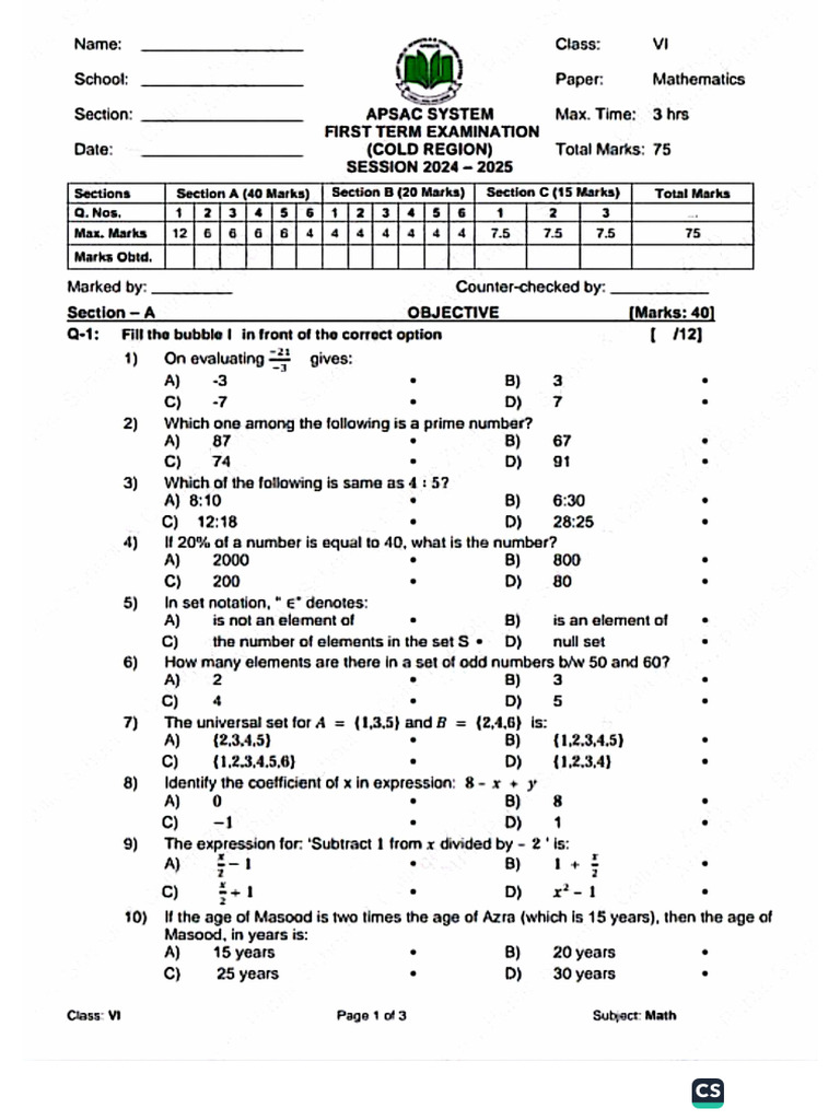 Class 6th Sample Paper Session 2024-25 | PDF