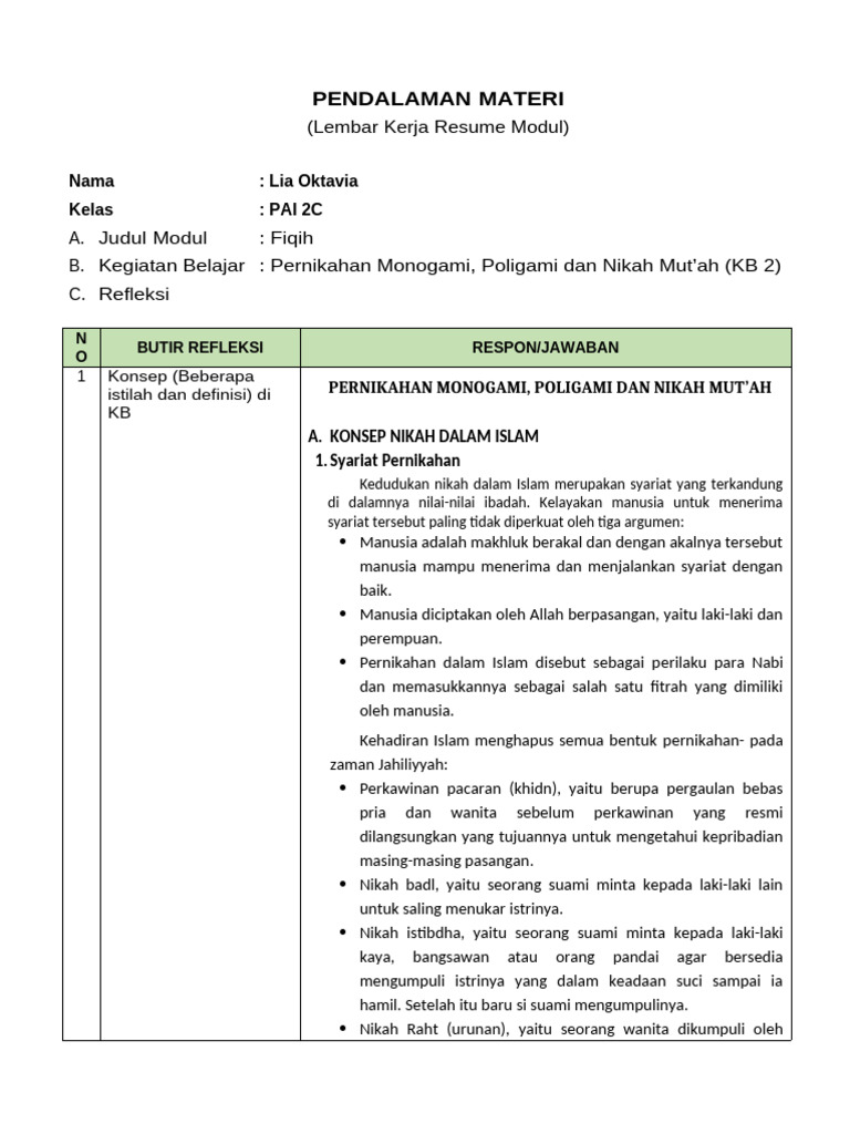 Lia Oktavia PAI 2C - Resume Pernikahan (KB 2) | PDF
