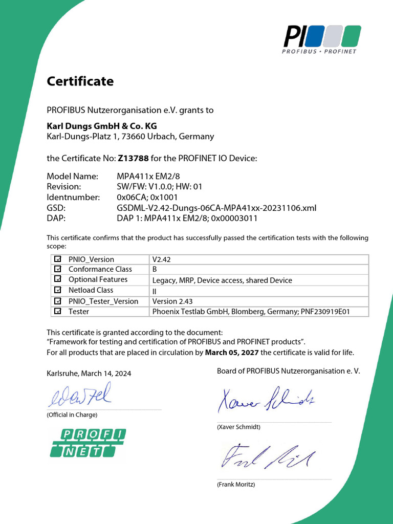 PROFINET Certificate MPA41xx | PDF | Control Engineering ...