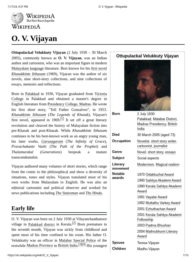 O. V. Vijayan - Wikipedia | PDF | Kerala