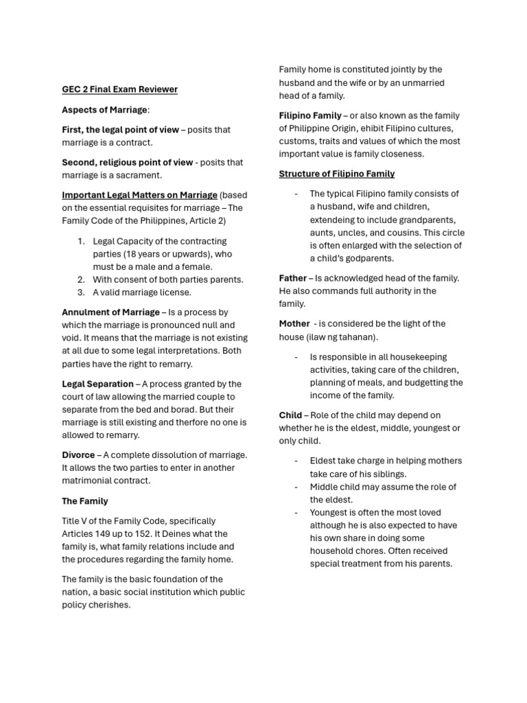GEC 2 Final Exam Reviewer | PDF | Marriage | Family