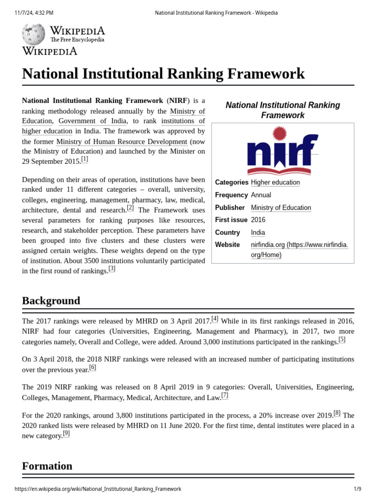 NIRF: India's National Ranking Framework | PDF | Higher Education ...