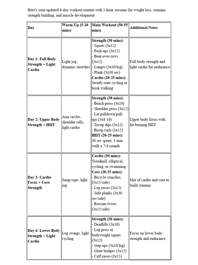 6 days Workout schedule | PDF | Aerobic Exercise | Physical Fitness