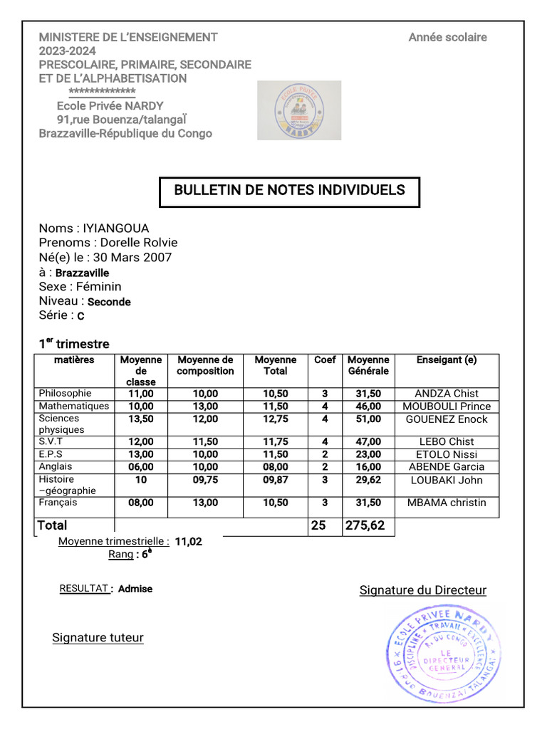 Bulletin de notes Dorelle Iyiangoua 2023 | PDF