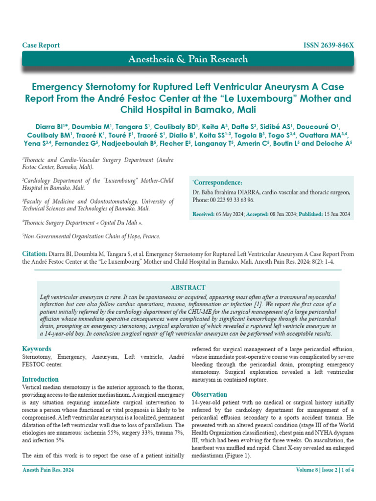 Emergency Sternotomy For Ruptured Left Ventricular Aneurysm A Case ...