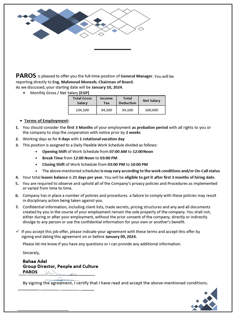 Paros General Manager Offer Letter | PDF | Employment | Salary