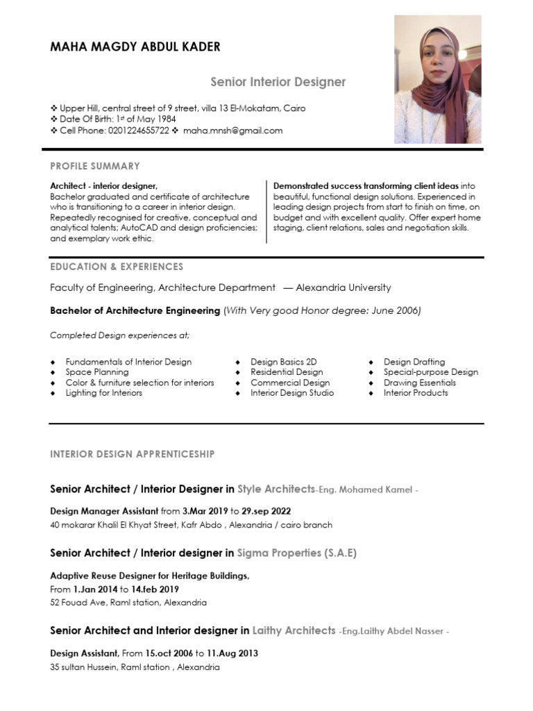 Maha Abdul Kader's CV - Pic-Cairo | PDF | Interior Design | Design