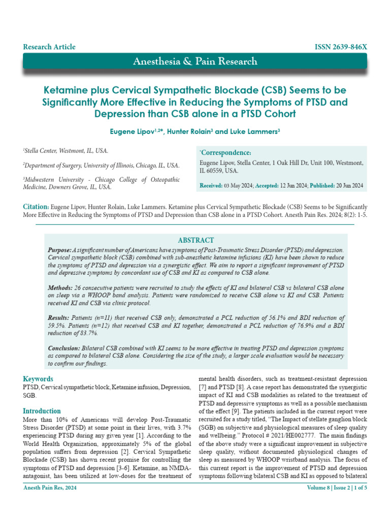 Ketamine Plus Cervical Sympathetic Blockade CSB Seems To Be ...