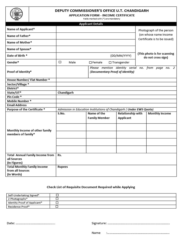 Chandigarh Income Certificate Application | PDF | Identity Document ...