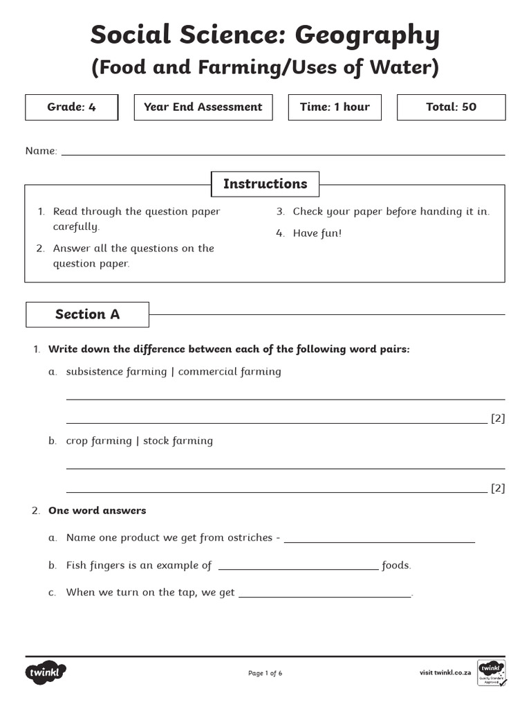 Social Science - Geography (Food and FarmingUses of Water) Exam Paper ...