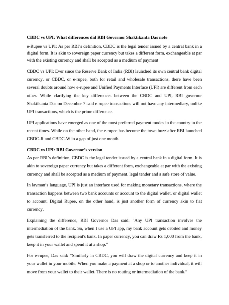 CBDC vs UPI | PDF | Money | Banks
