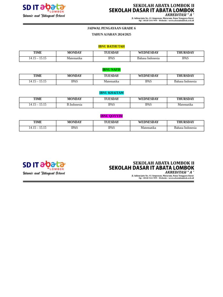 Jadwal Pengayaan Grade 6 | PDF