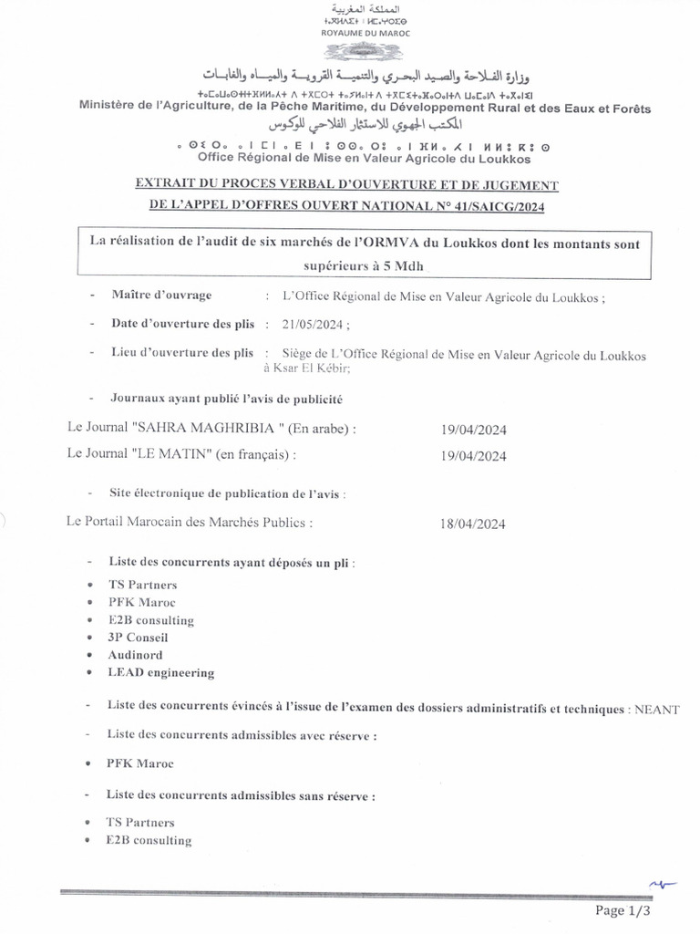 Extrait Du PV D'ouverture Et de Jugement AOO 41-SAICG-2024 | PDF