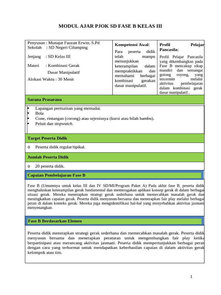 Modul Ajar Pjok PKG Pjok Fase B Awal | PDF | Karier & Perkembangan ...