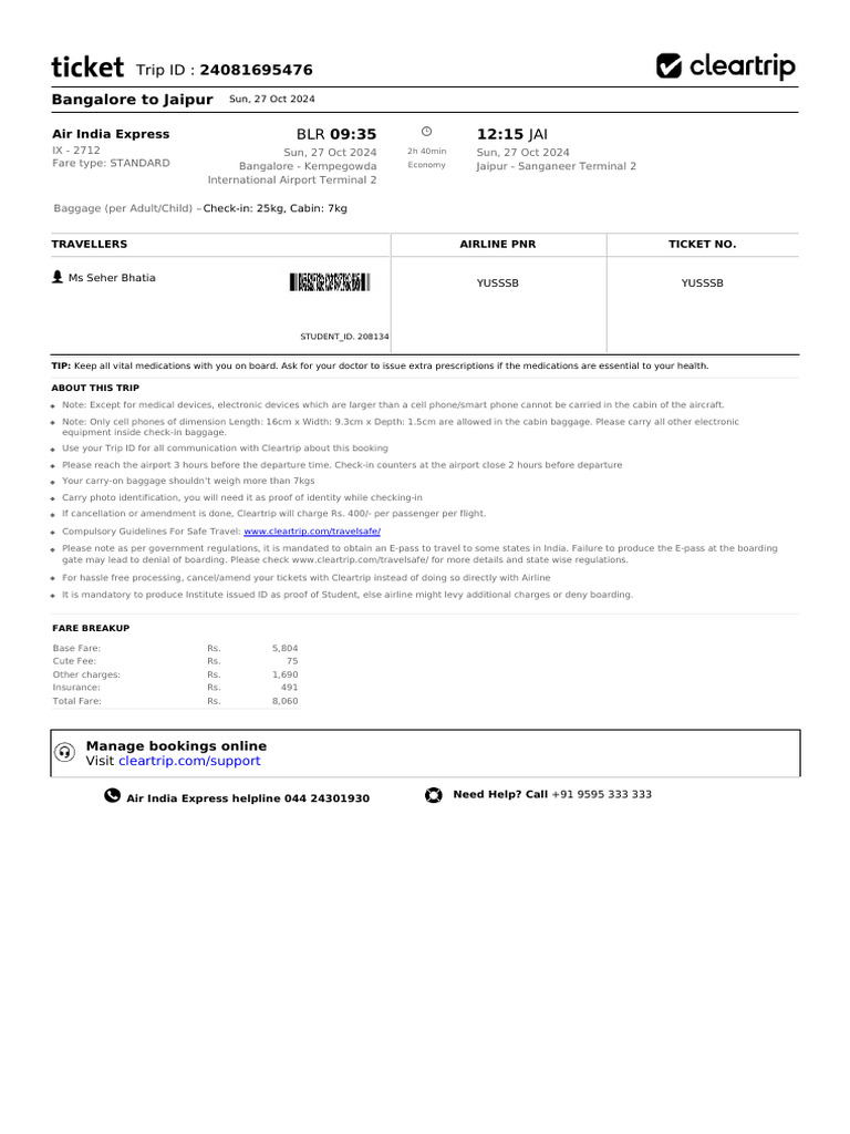 Cleartrip Flight Details: IX 2712 | PDF | Airport | Aviation
