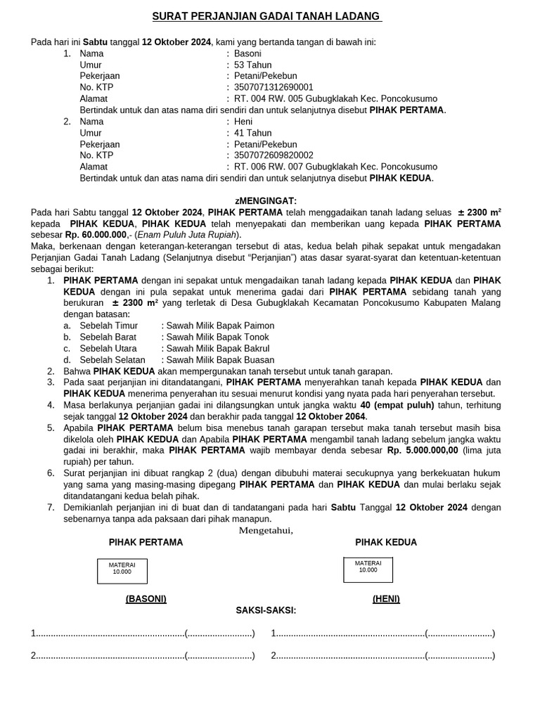 Contoh Surat Perjanjian Utang Piutang FH UII | PDF