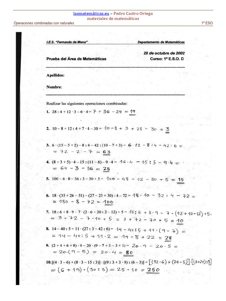 Matemáticas 1º ESO: Operaciones Combinadas | PDF