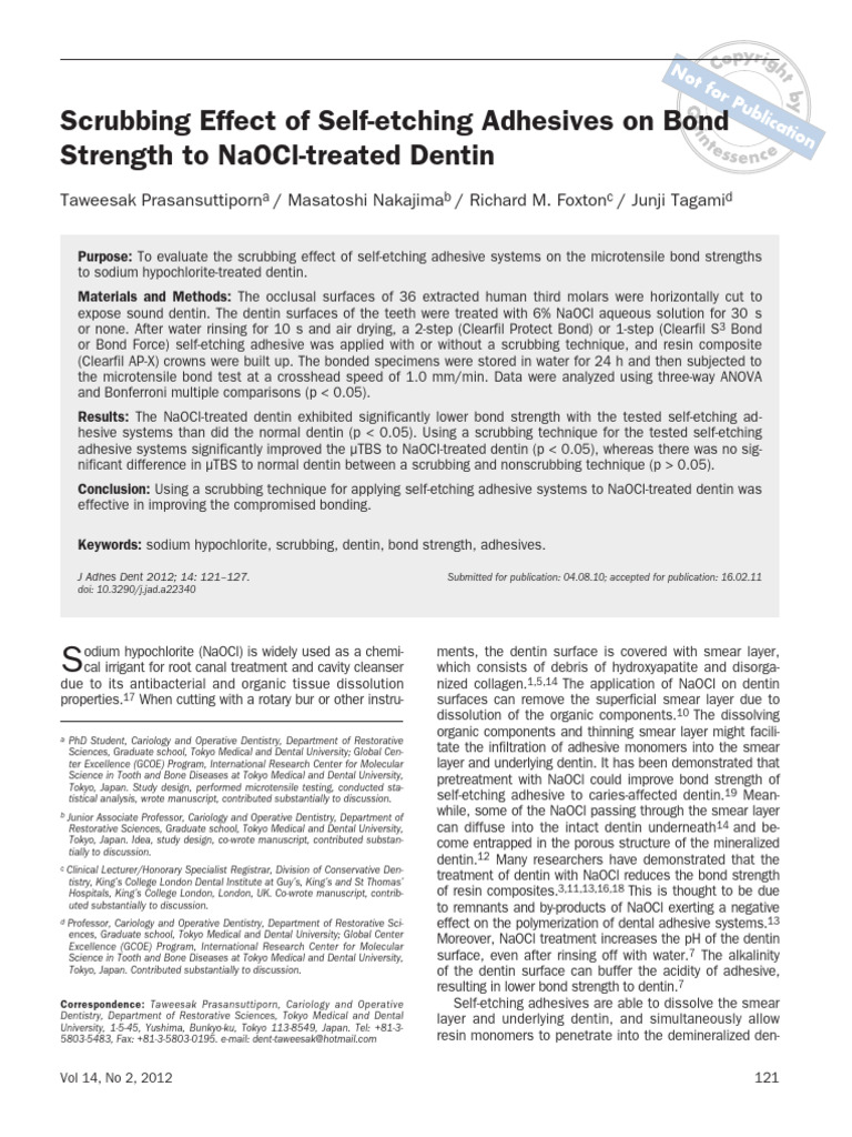 Scrubbing Effect of Self-Etching Adhesives On Bond - Strength To NaOCl-treated Dentin | PDF ...