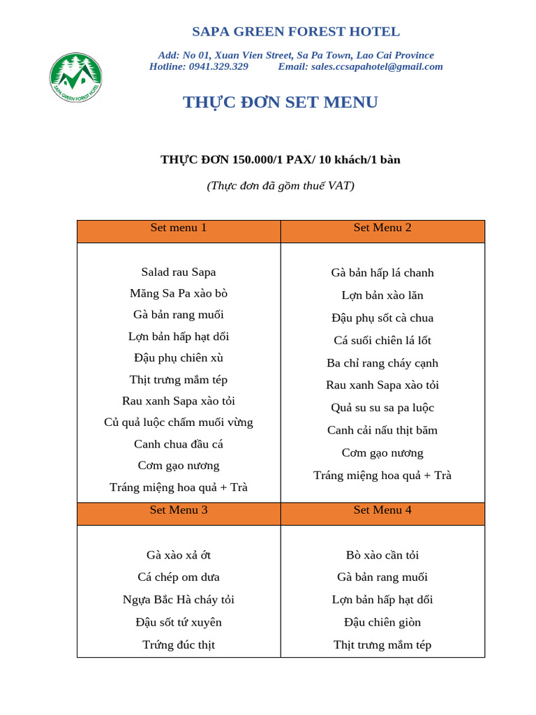 Menu Sapa Green Forest - NH R NG Xanh 2024-1 | PDF