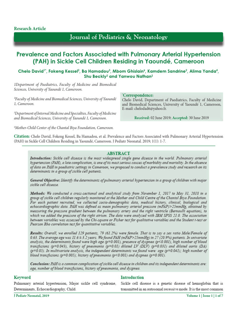 Prevalence and Factors Associated With Pulmonary Arterial Hypertension Pah in Sickle Cell ...