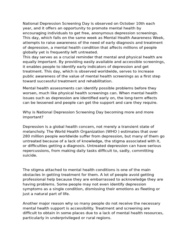National Depression Screening Day Overview | PDF | Major Depressive ...