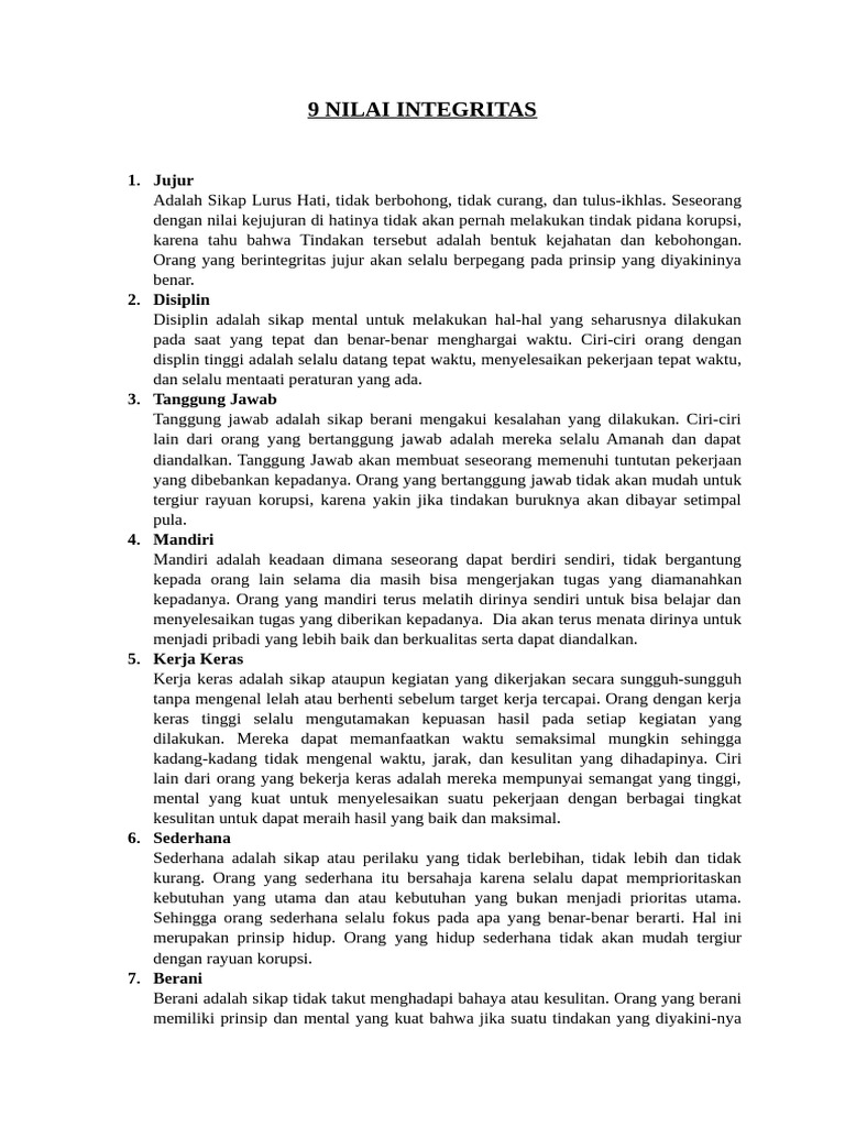 9 Nilai Utama Integritas | PDF