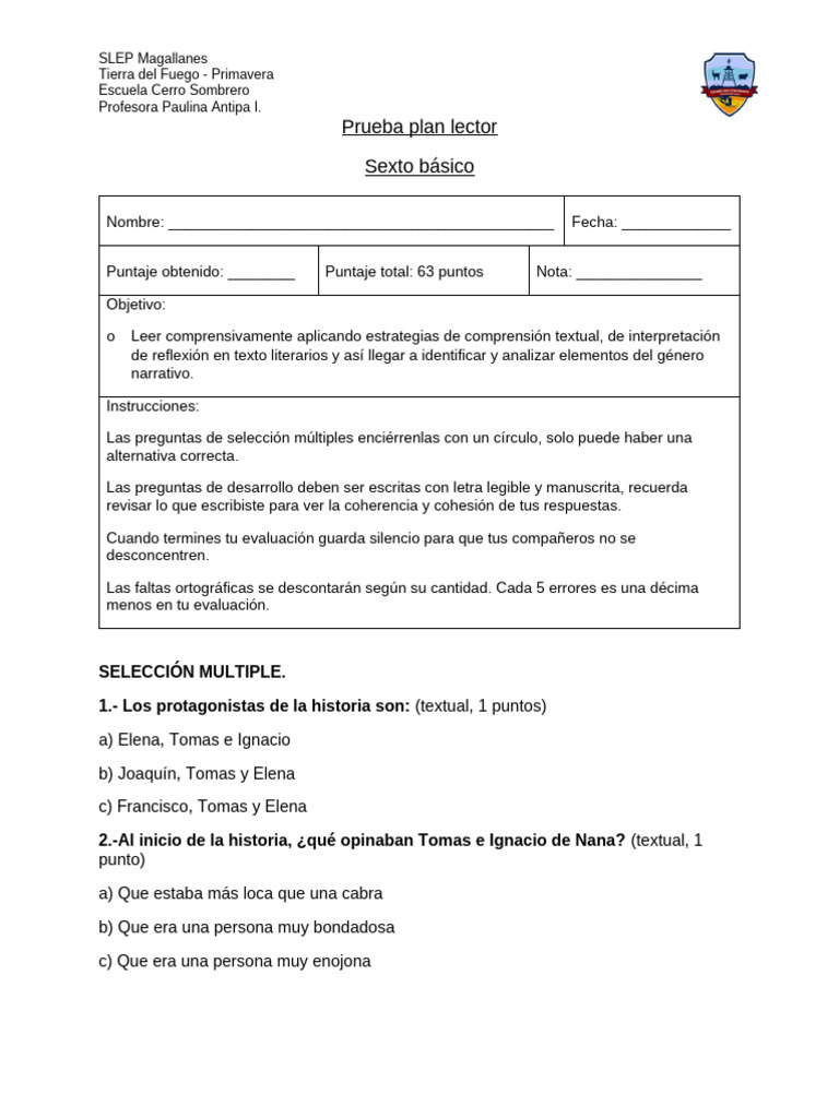 Ev. Lenguaje - 6to Plan Lector Adaptada | PDF