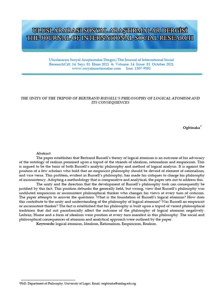 The Unity of The Tripod of Bertrand Russells Philosophy of Logical ...